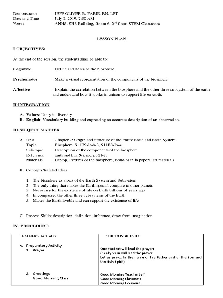 Biosphere and Earth's Subsystems Lesson Plan | PDF | Life | Physical ...