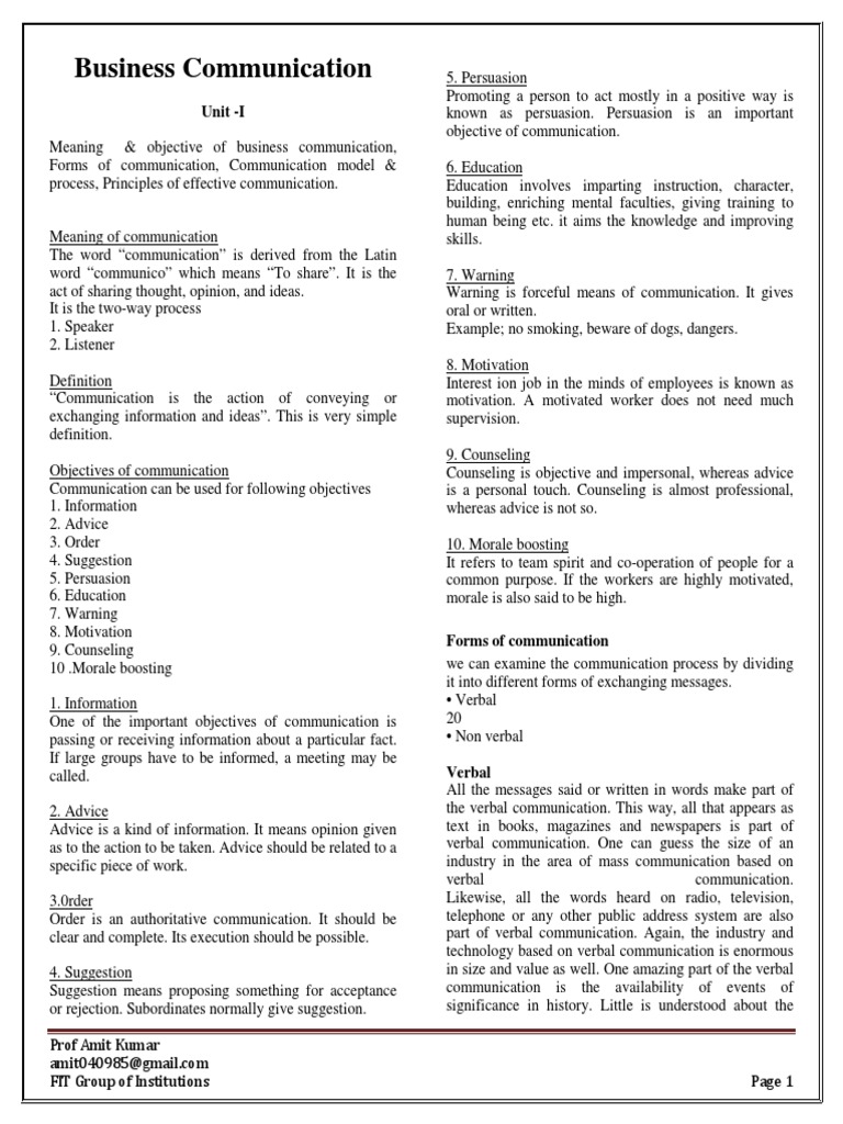 Business Communication Lecture Notes Unit I PDF | PDF | Persuasion ...