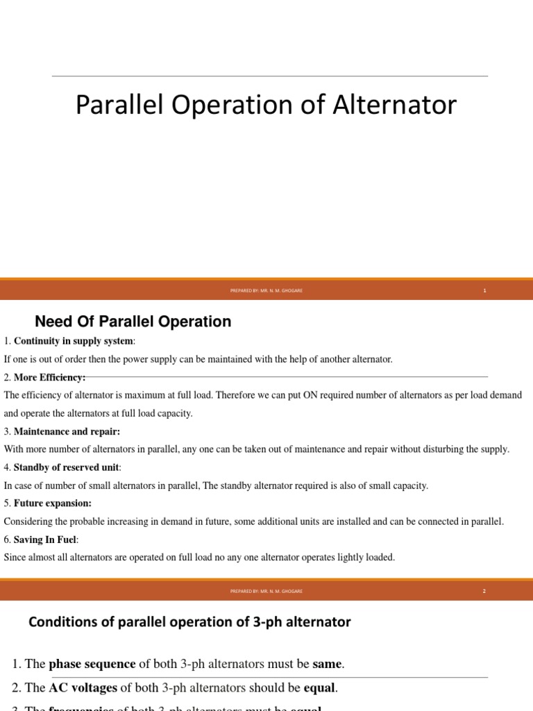 Parallel Operation of Alternator | PDF | Manufactured Goods | Electrical Engineering