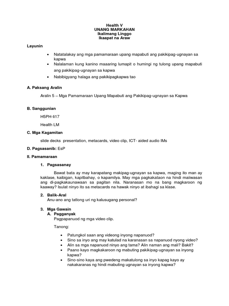 Health V Lesson Plan | PDF