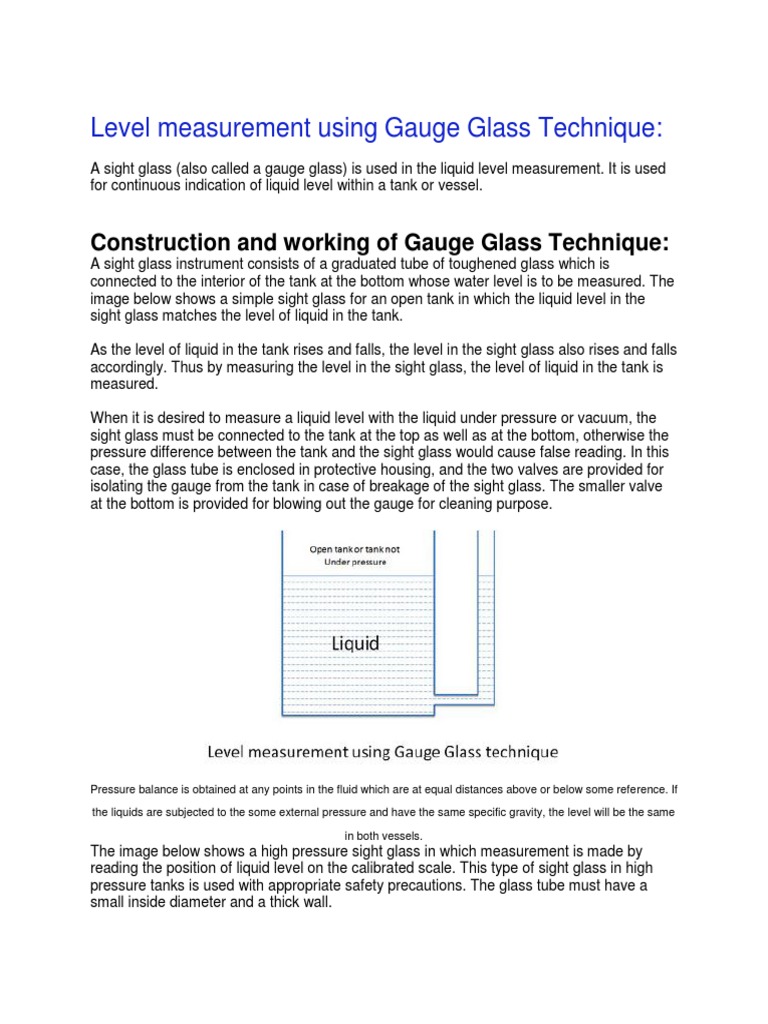 Level Measurement Using Gauge Glass Technique | PDF | Glasses | Liquids