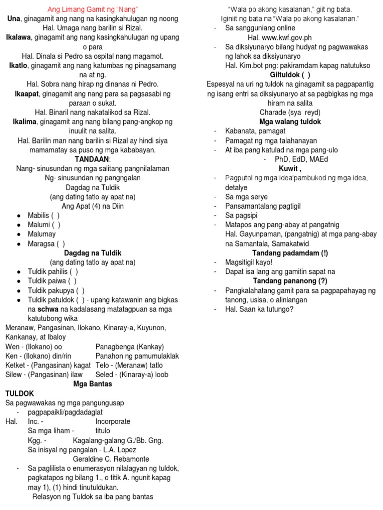 Ang Limang Gamit NG "Nang" | PDF