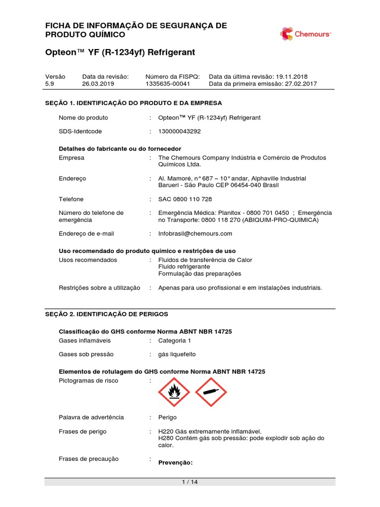 FISPQ - Opteon™ YF (R-1234yf) Refrigerant | PDF | Oxigênio | Combustão