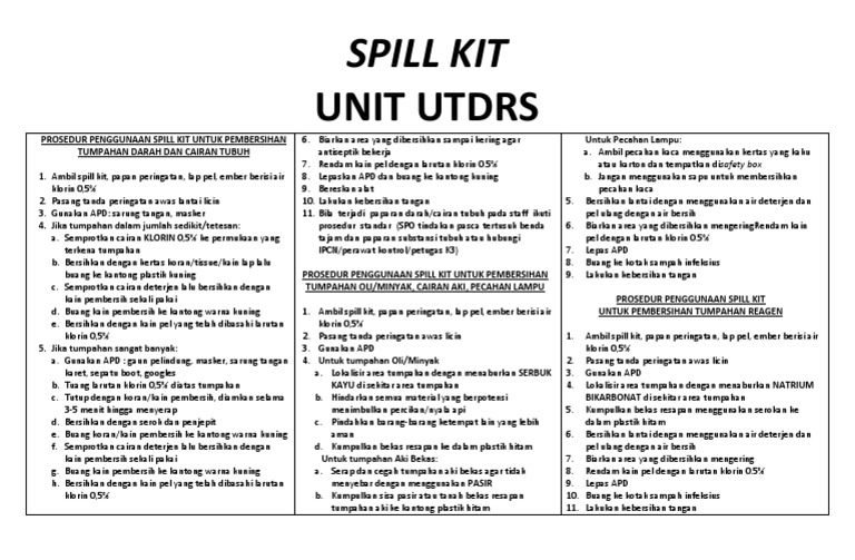 Prosedur Penggunaan Spill Kit Untuk Pembersihan Tumpahan Darah Dan ...