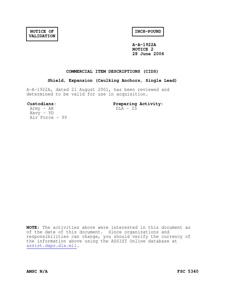 CID A-A-1922A - Shield, Expansion (Caulking Anchors, Single Lead), With ...