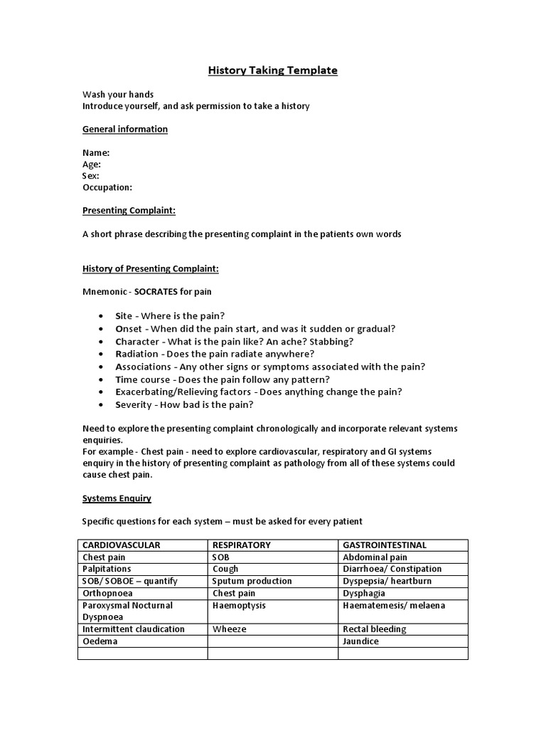 History Taking Template | PDF | Pain | Allergy
