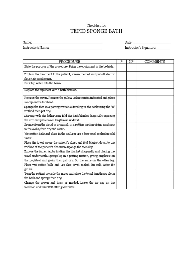Tepid Sponge Bath: Checklist For | PDF | Wellness