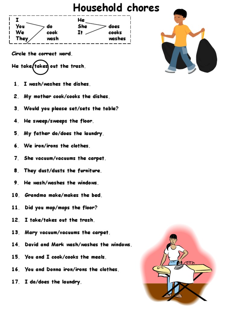 Household Chores Simple Present Tense | PDF