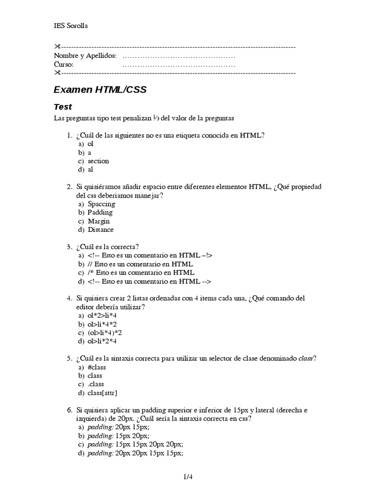 Examen HTML-CSS-2018 | PDF | Hojas de estilo en cascada | HTML
