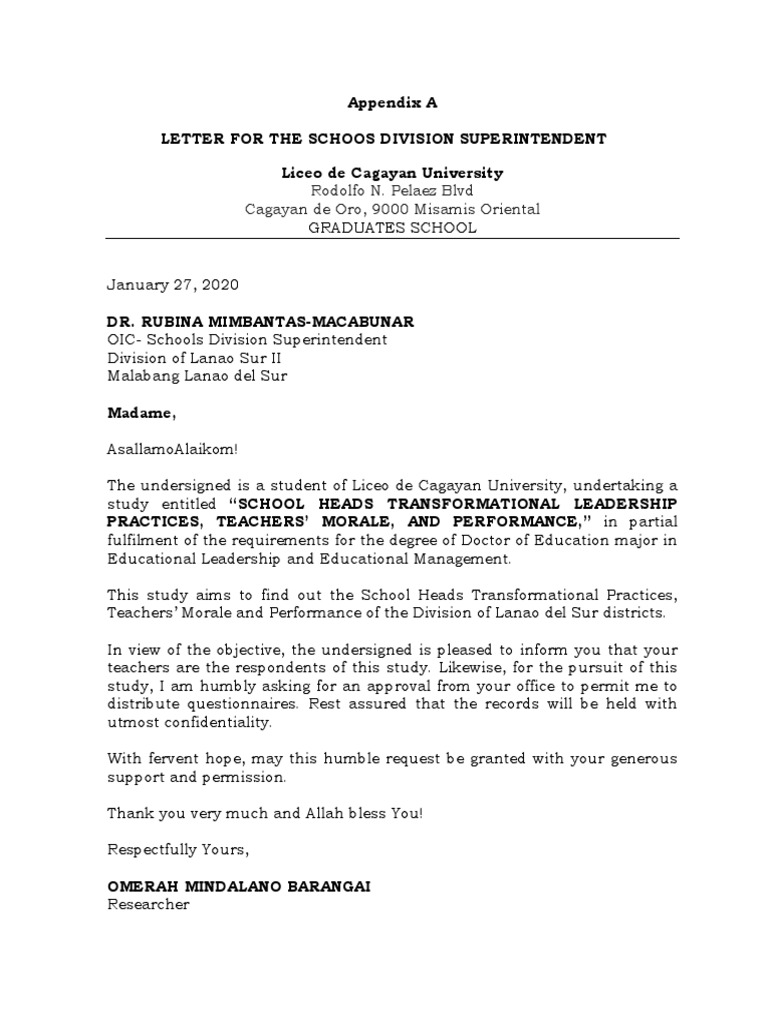 Appendix A Letter For SDS and PSDS | PDF