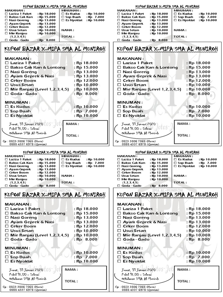 Kupon Bazar Makanan SMA Al Muniroh | PDF
