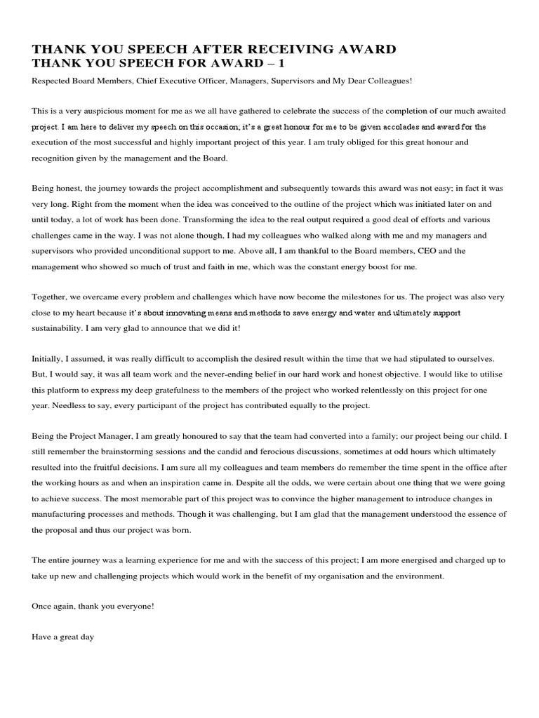 Thank You Speech After Receiving Award Pdf Work Life Balance