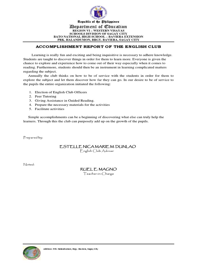 English Club Accomplishment Report: Facilitating Activities and Peer ...