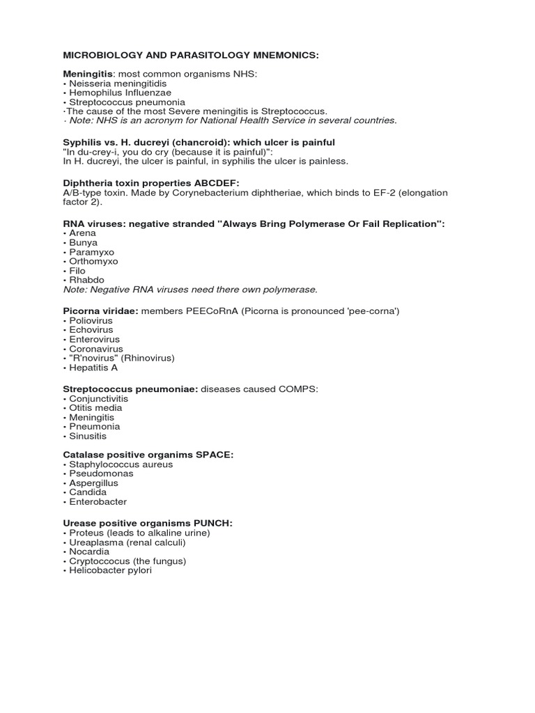 Microbiology and Parasitology Mnemonics | PDF | Streptococcus | Pneumonia