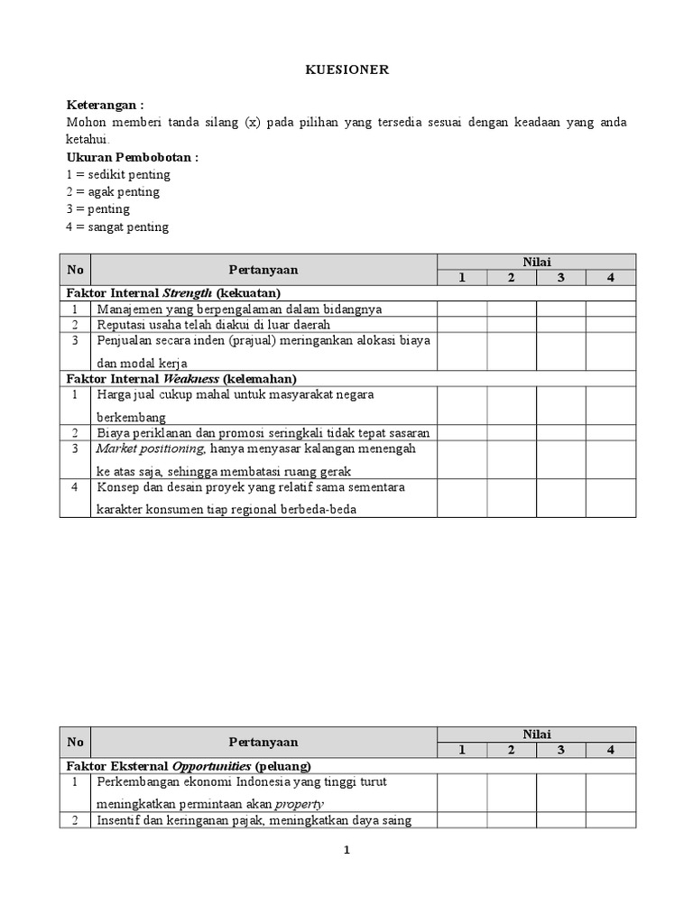 Contoh Kuesioner Analisis SWOT | PDF