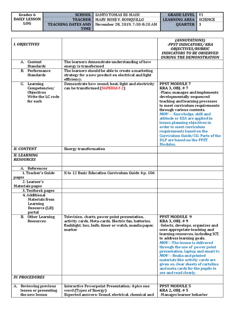 Grade 6 Energy Transformation Lesson Plan | PDF | Curriculum | Learning