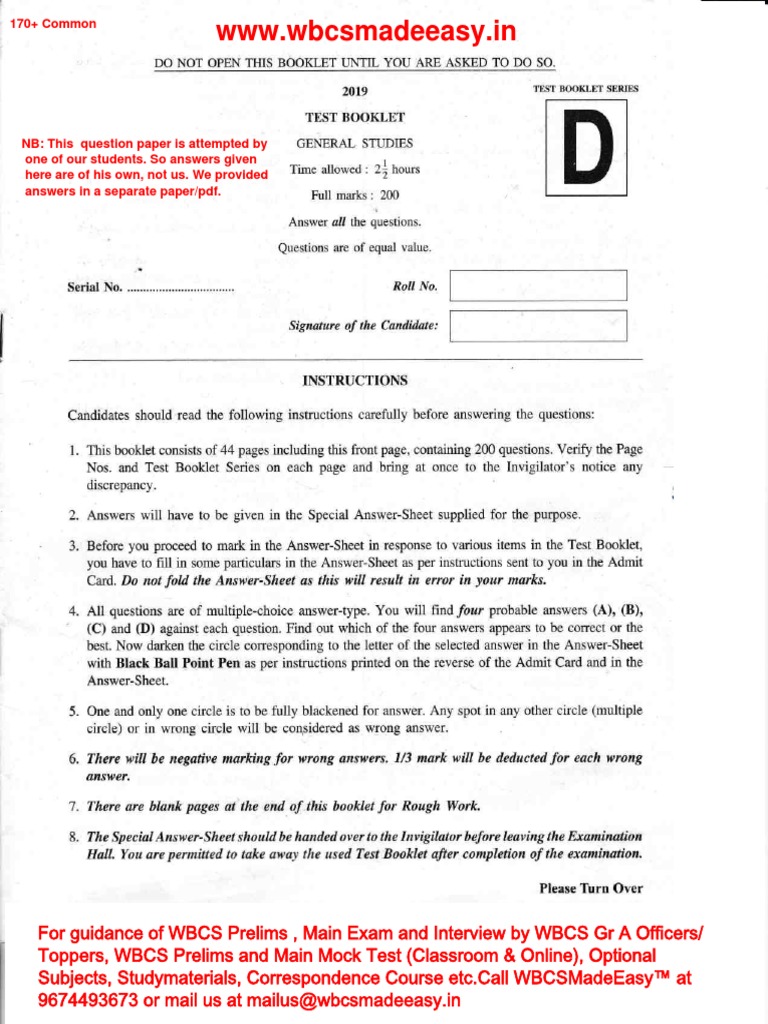 WBCS Preliminary Exam 2019 Solved Question Paper Download Analysis | PDF | Indian National ...