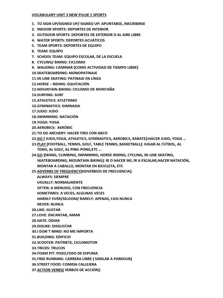 Vocabulary Unit 3 Sports New Pulse 1 | PDF | Deportes atléticos ...