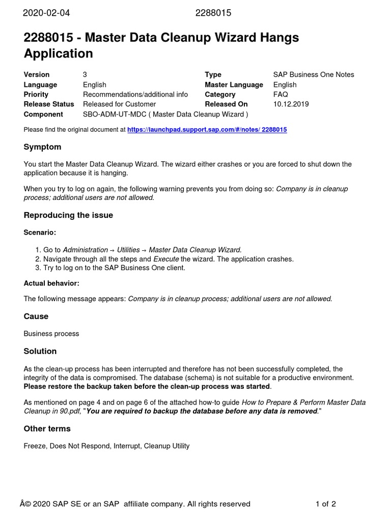 Master Data Cleanup Wizard Hangs | PDF | Sap Se | Databases