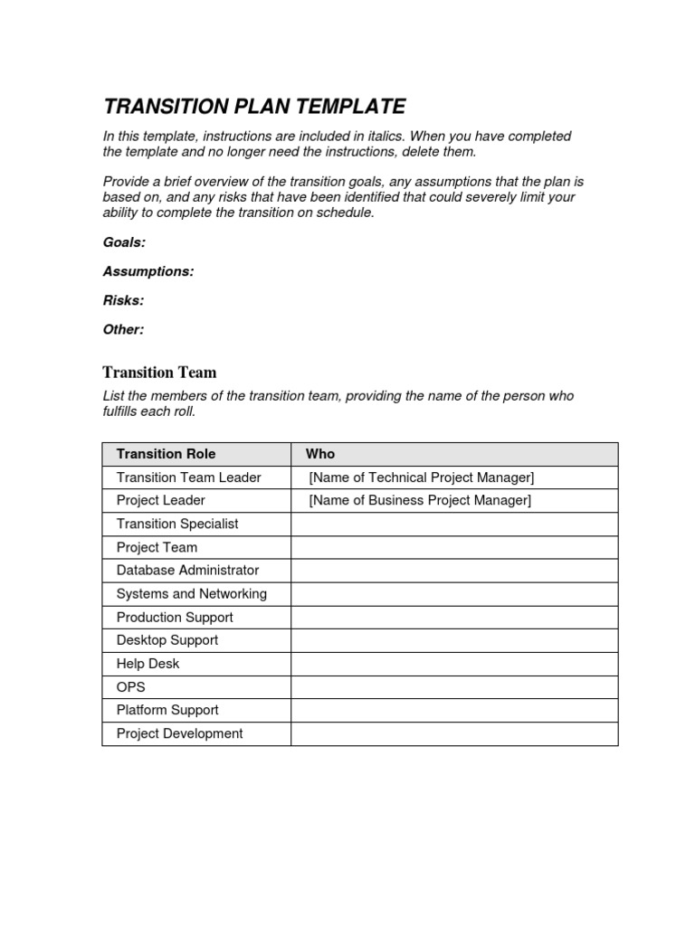 Transition Plan Template Overview | PDF | Expert | Project Management