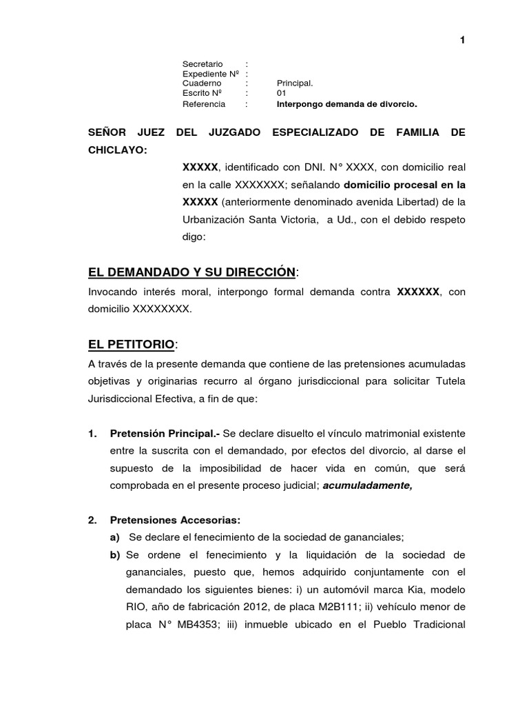 Modelo de Demanda de Divorcio | PDF | Divorcio | Propiedad de la comunidad
