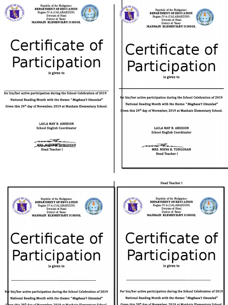 2019 National Reading Month Certificate | PDF | Public Sphere ...