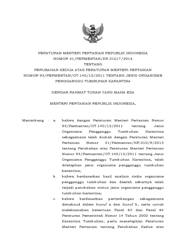 BN Permentan 31 2018 Perubahan Ke 2 Jenis Optk PDF | PDF