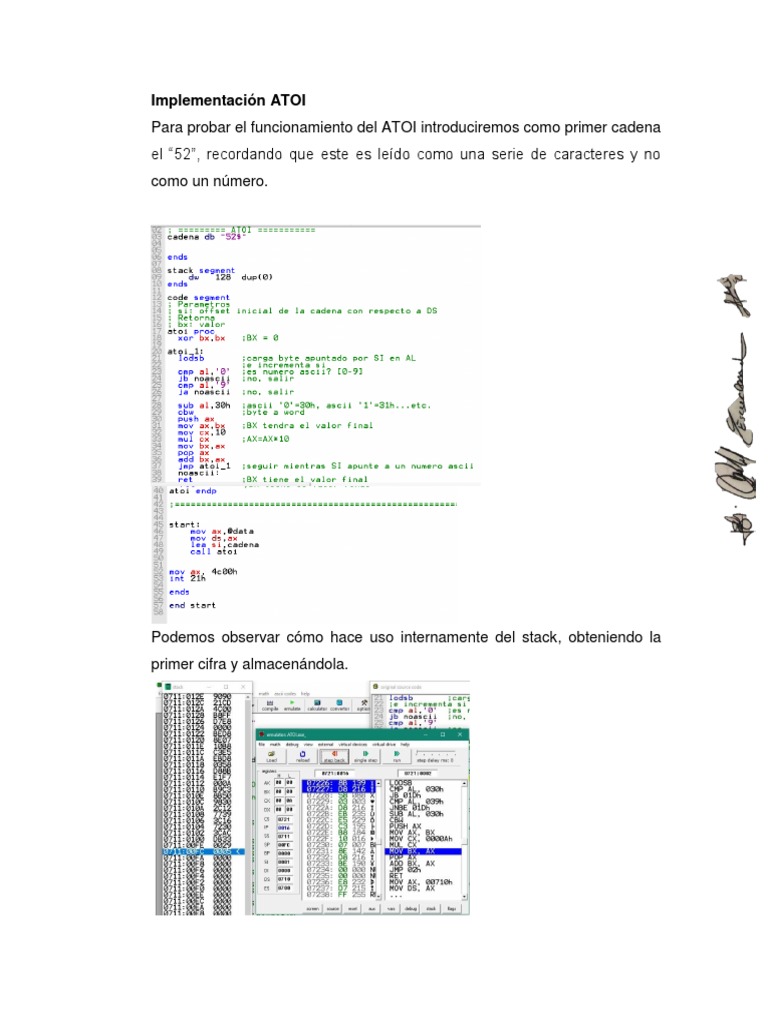 Cómo la función ATOI convierte cadenas a enteros en ensamblador 8086 | PDF