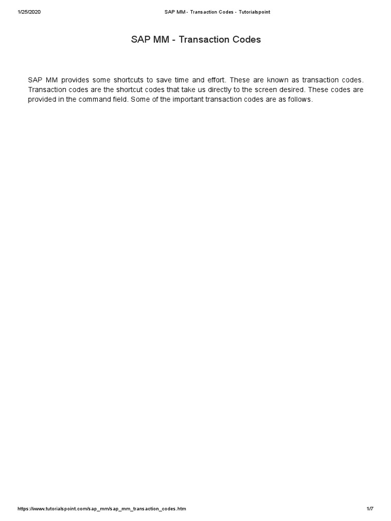 SAP MM - Transaction Codes - Tutorialspoint | PDF | Business ...
