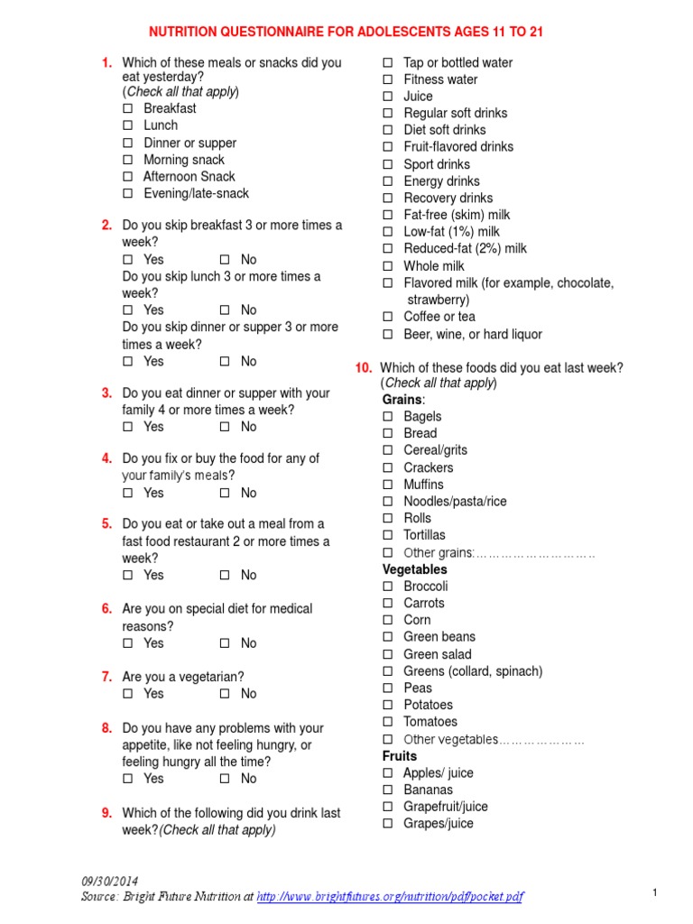 Nutrition Questionnaire For Adolescents Ages 11 To 21 PDF | PDF | Drink ...