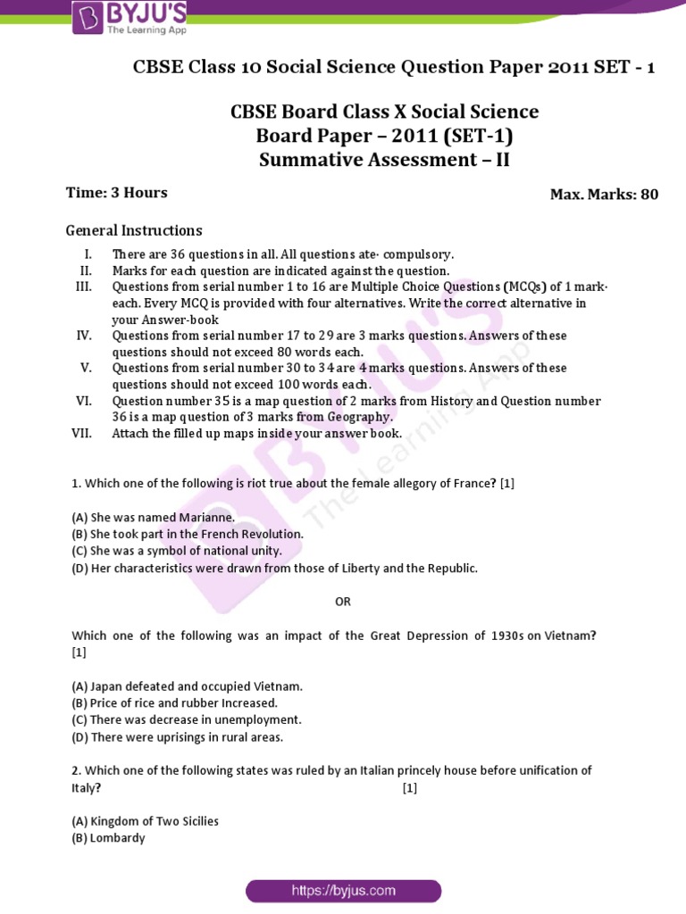 CBSE Class 10 Social Science Question Paper 2011 SET 1 | PDF | Multiple ...