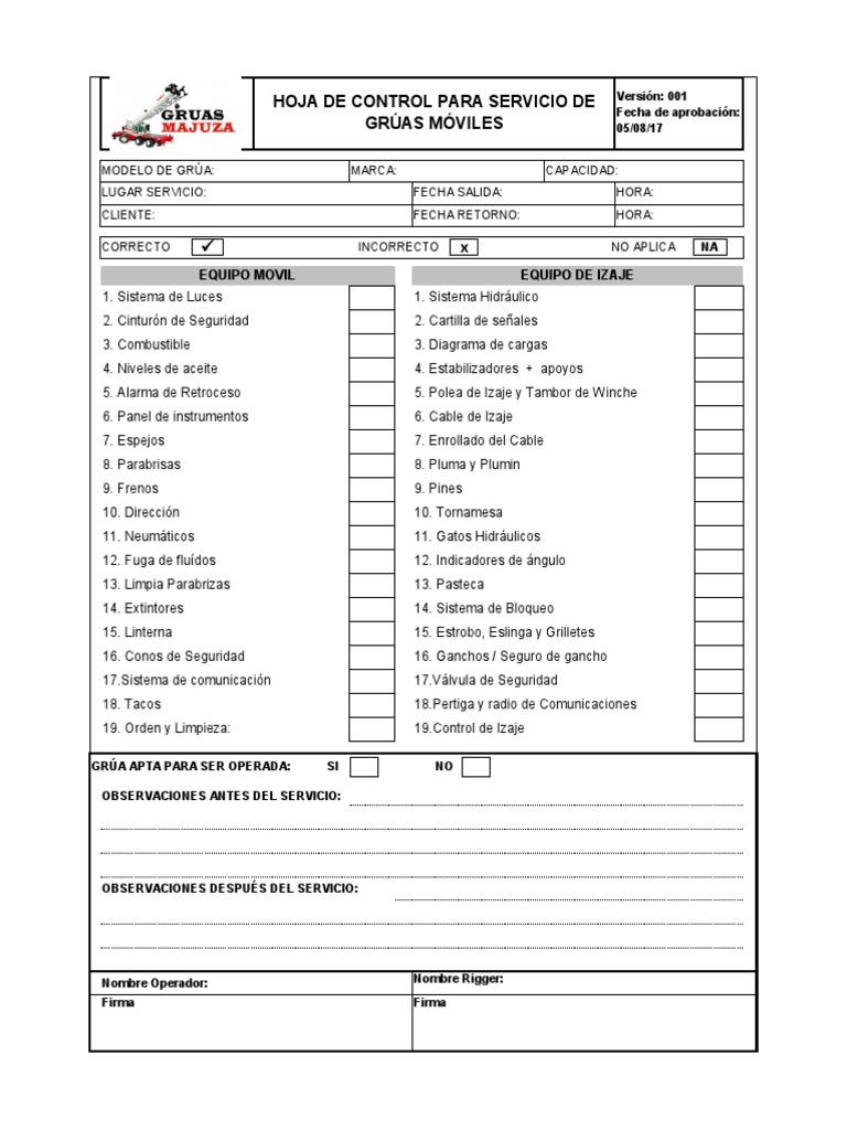 Hoja de Control - Gruas | PDF