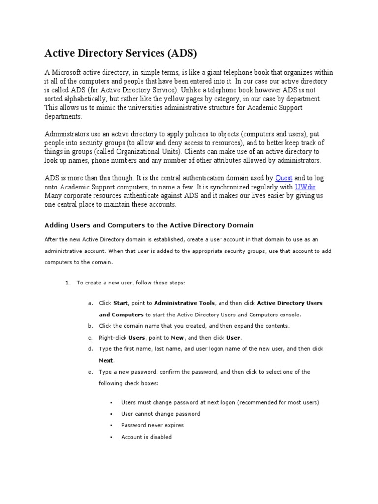 Active Directory Services (Ads) : Quest Uwdir | PDF | Active Directory | User (Computing)