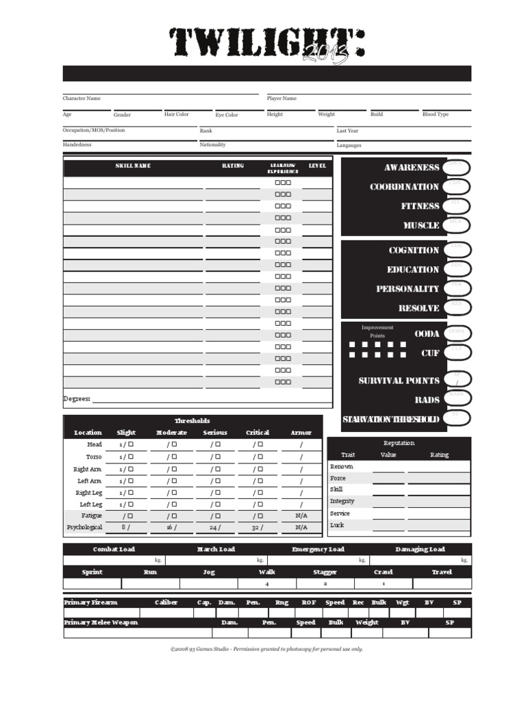 Twilight 2013 Character Sheet | PDF | Leisure