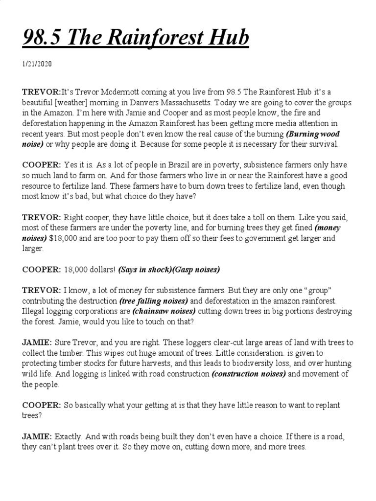 98.5 The Rainforest Hub Script | PDF | Amazon Rainforest | Logging