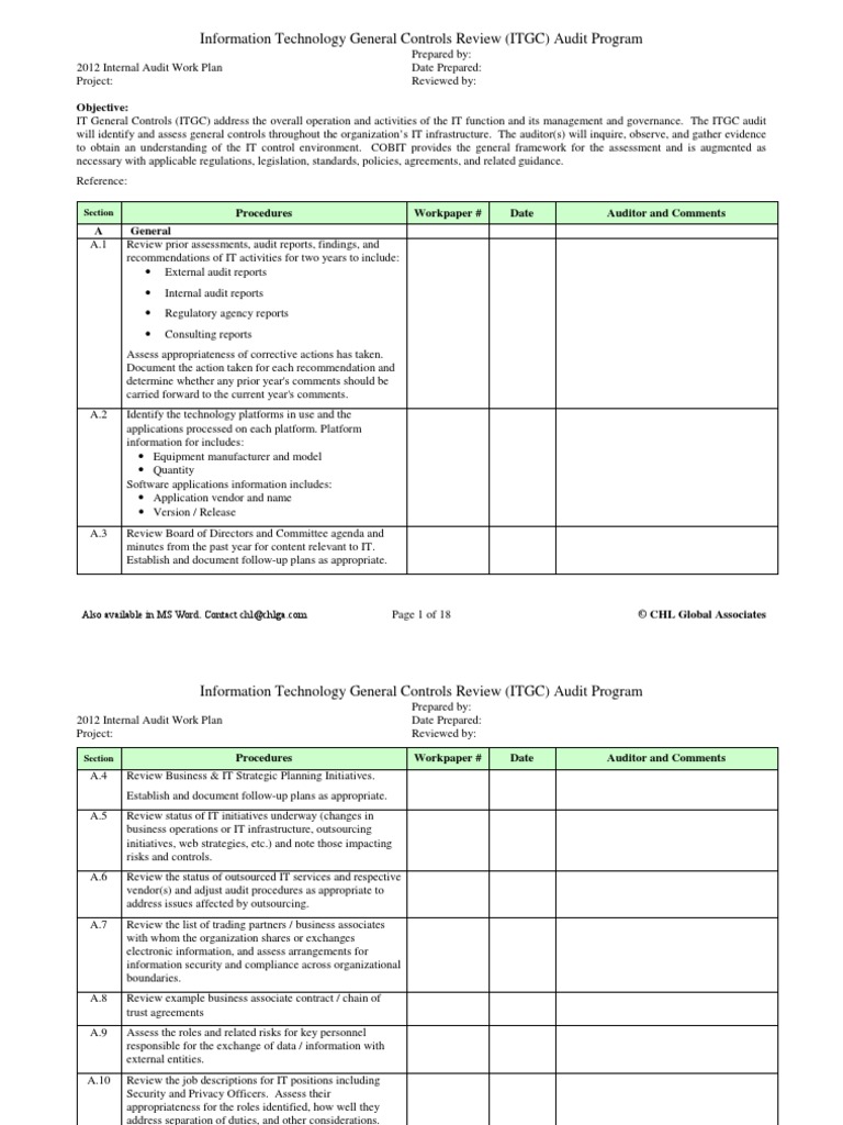 Information Technology General Controls Review (ITGC) Audit Program ...