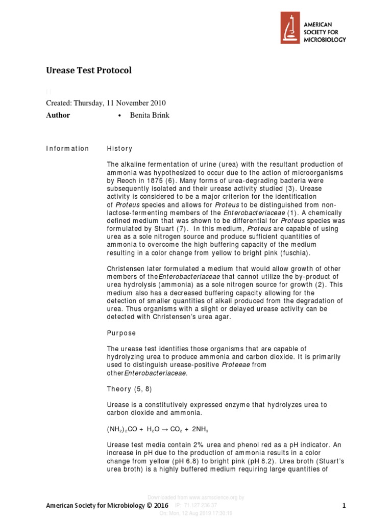 Urease Test Protocol 3223 | PDF | Growth Medium | Agar