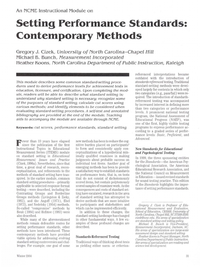 Setting Performance Standards - Contemporary Methods - Cizek PDF | PDF ...