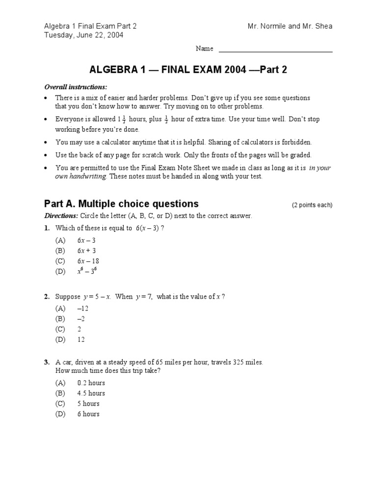 ALGEBRA 1 - FINAL EXAM 2004 - Part 2: (2 Points Each) | Download Free ...