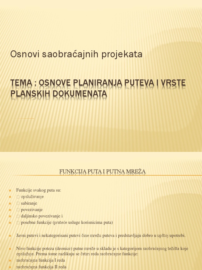 Prezentacija Osnove Planiranja Puteva I Vrste Planskih Dokumenata | PDF