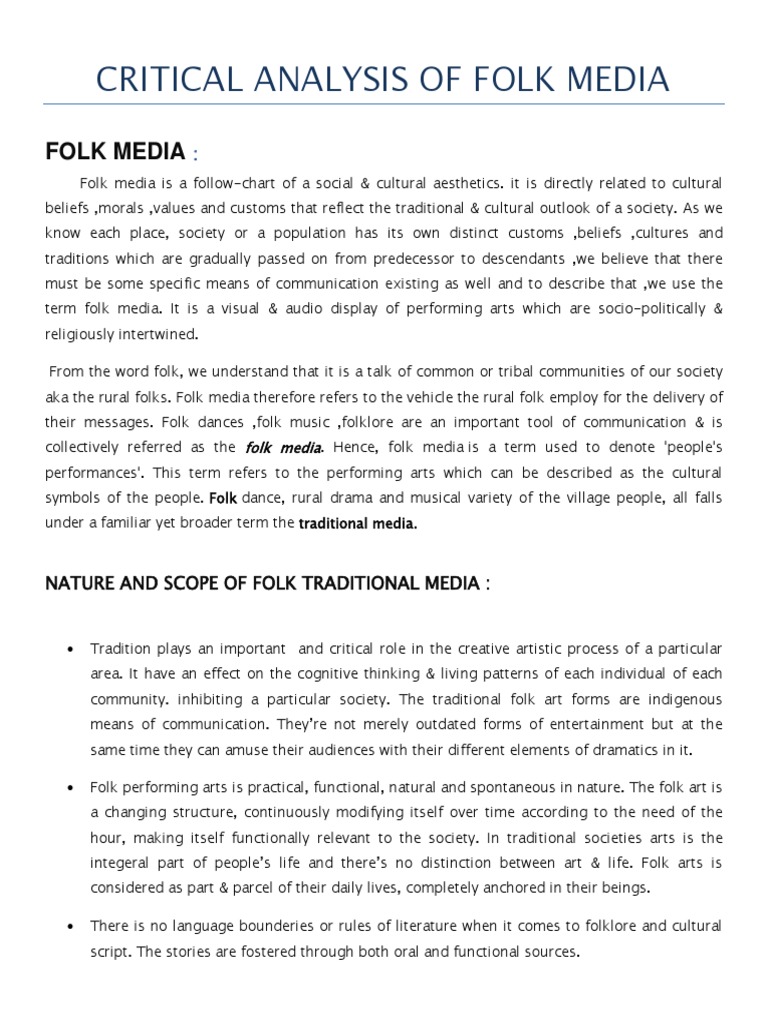 Critical Analysis of Folk Media | PDF | Folklore | Mass Media