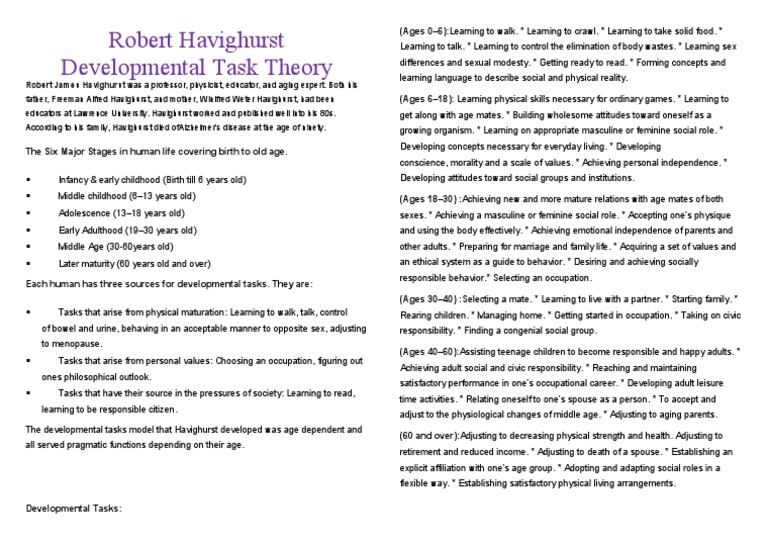 Robert Havighurst's Developmental Task Theory and the Six Major Stages ...