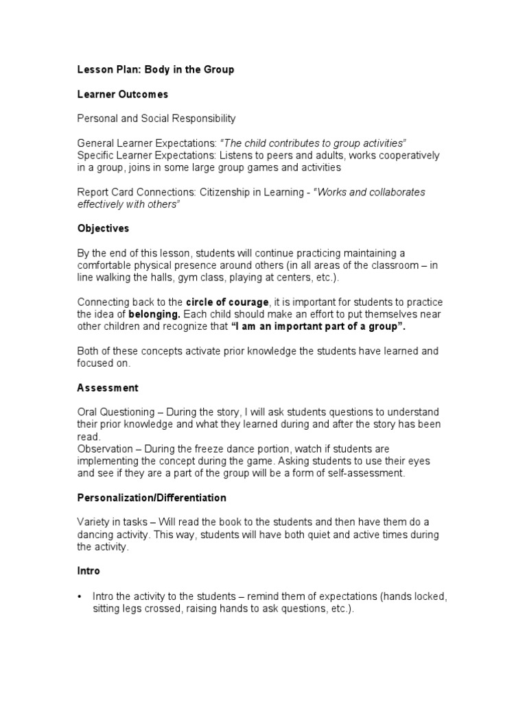 Body in the Group: Lesson Plan | PDF | Lesson Plan | Education Theory