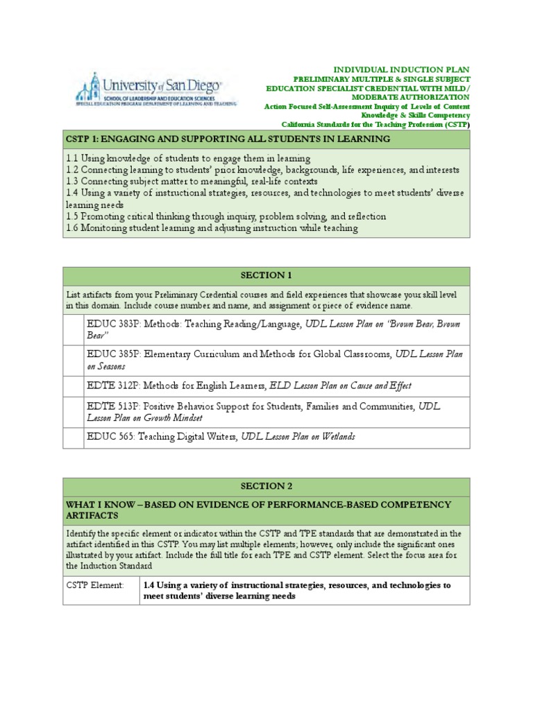 CSTP 1 Individual Induction Plan Template | PDF | Lesson Plan ...