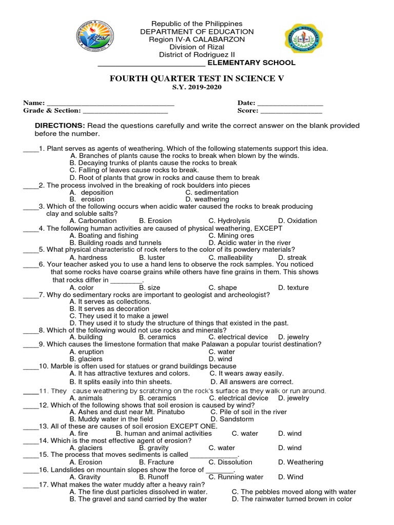 4th Quarter Test in Science 5 | PDF | Weathering | Moon