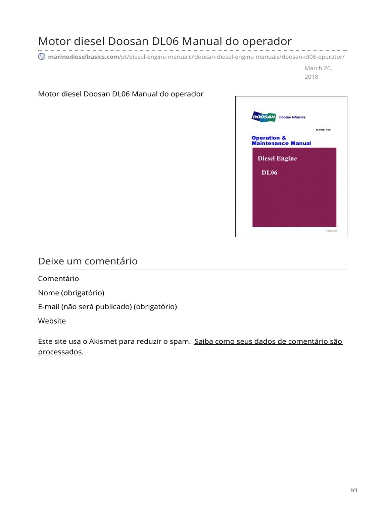 Motor Diesel Doosan DL06 Manual Do Operador | PDF