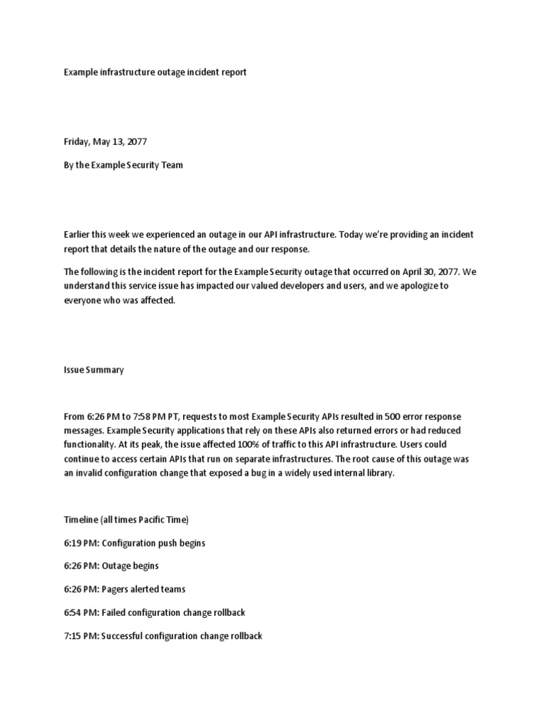 Infrastructure Outage Incident Report | PDF | Software Bug ...