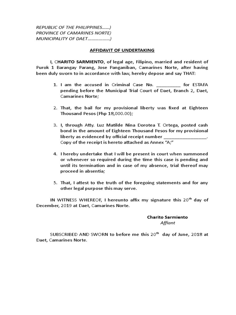 Affidavit of Undertaking | PDF | Affidavit | Bail