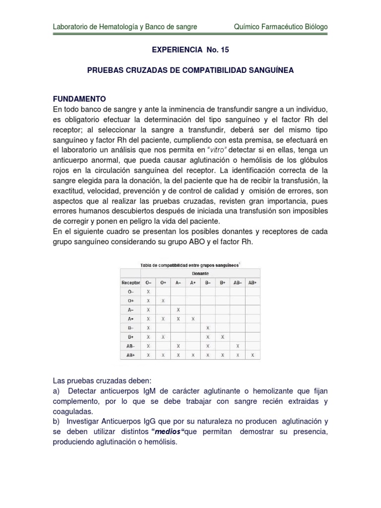 Experiencia 15 Pruebas Cruzadas FINAL | PDF | Transfusión de sangre ...