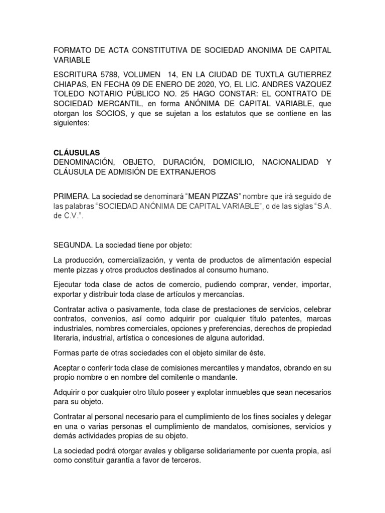 Formato de Acta Constitutiva de Sociedad Anonima de Capital Variable | PDF | Sociedad de ...